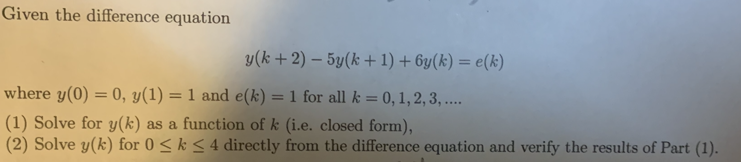 Solved Given the difference equation y(k+2) - 5y(k +1) + | Chegg.com