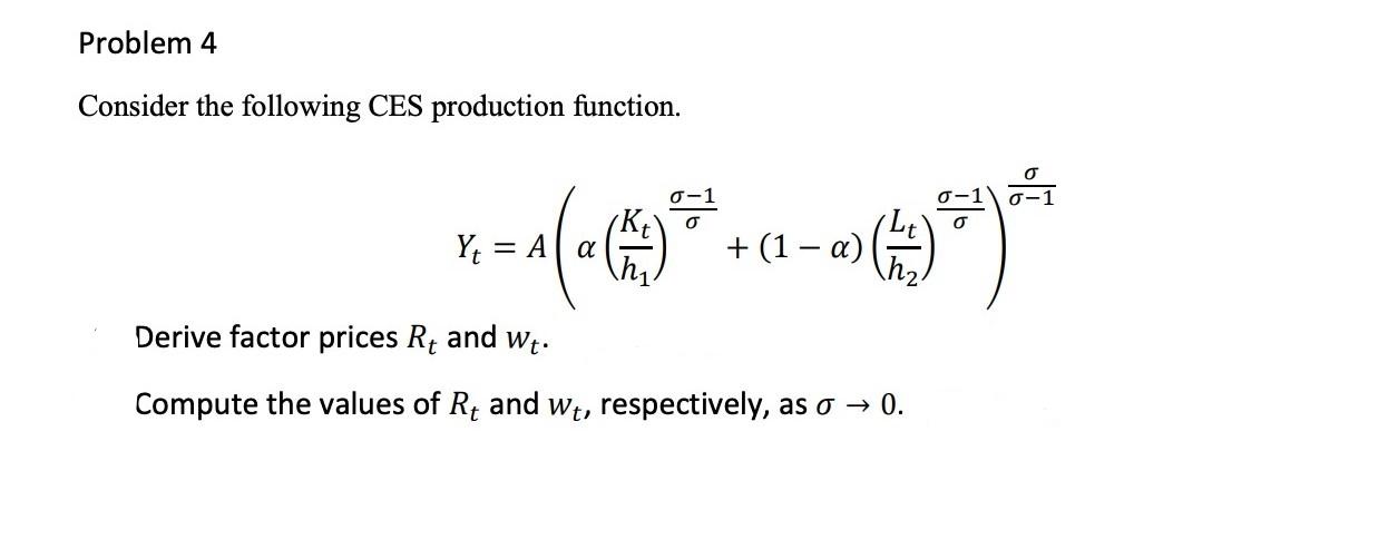 Solved Problem 4 Consider the following CES production | Chegg.com