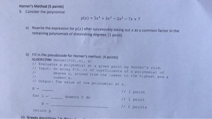 Solved Horner's Method (5 points) 9. Consider the | Chegg.com
