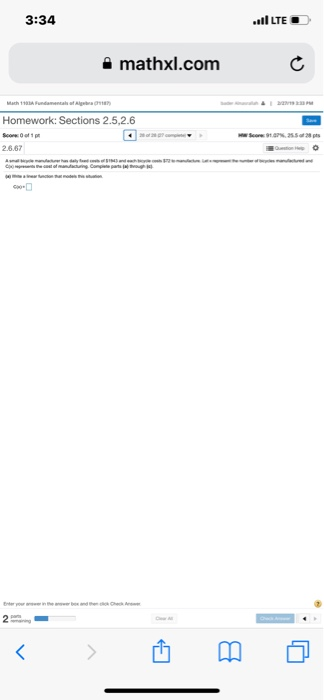 3:34 을 mathxl.com Homework: Sections 2.5,2.6 2.6.67 | Chegg.com