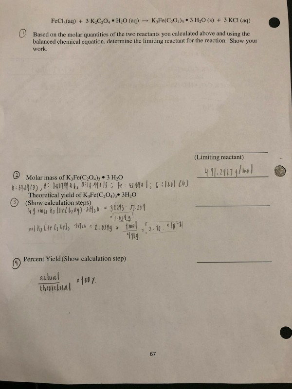 REPORT SHEET: Limiting Reactant & Percent Yield Name: | Chegg.com