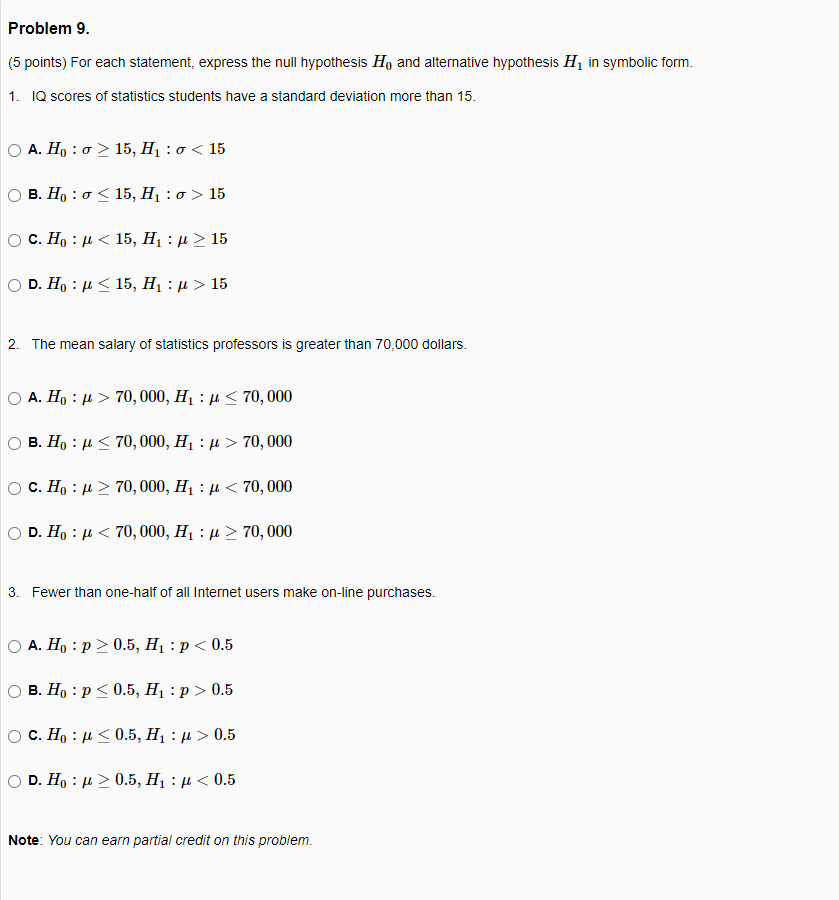 Solved (5 points) For each statement, express the null | Chegg.com