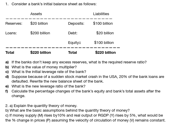 Solved 1. Consider a bank's initial balance sheet as | Chegg.com