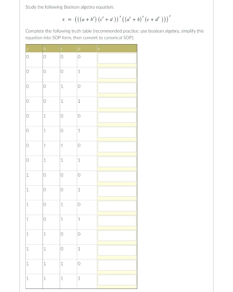 Solved Study the following Boolean algebra equation: X = | Chegg.com