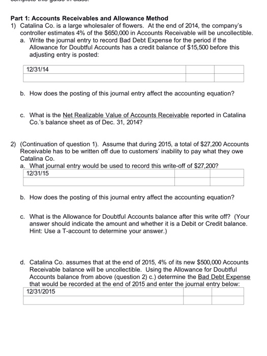 Solved Part 1: Accounts Receivables and Allowance Method 1) | Chegg.com