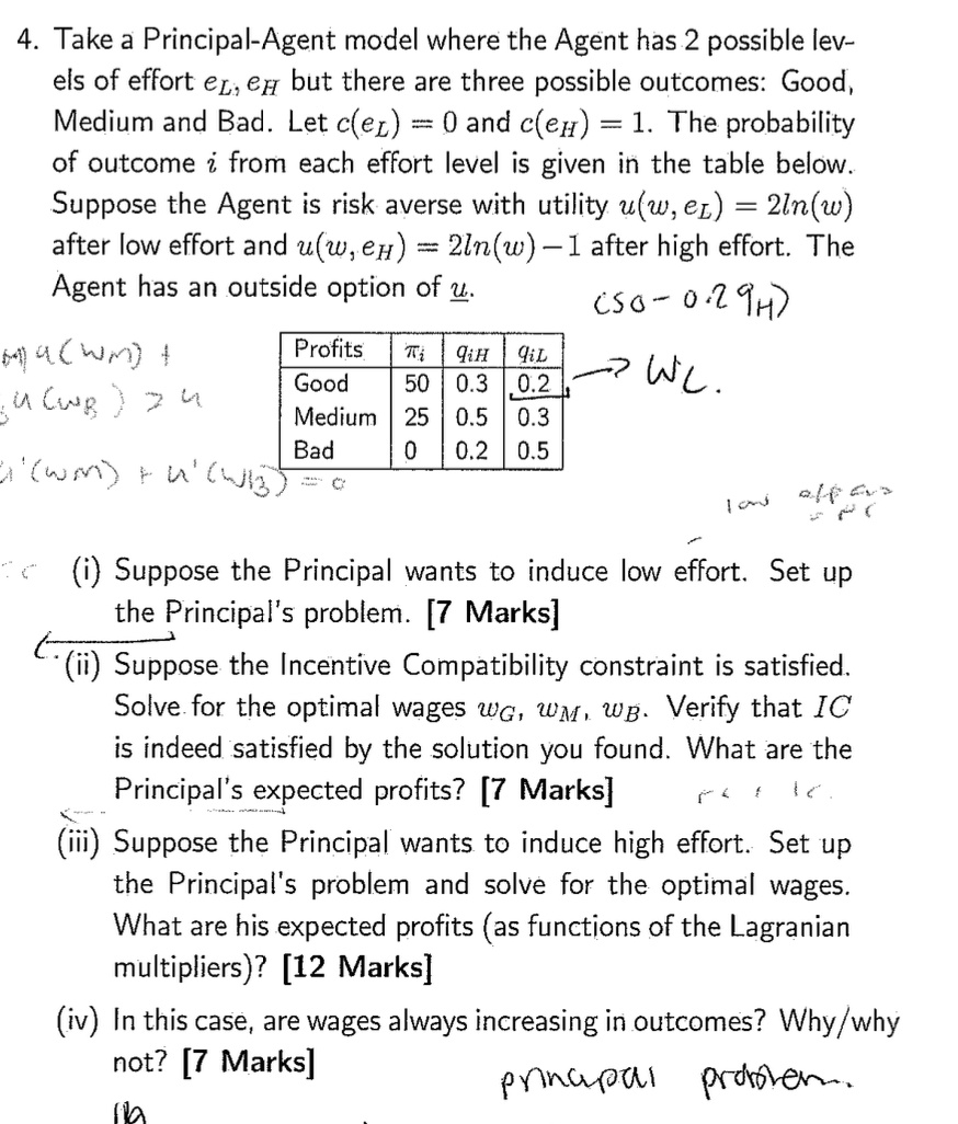 Solved 4. Take a Principal-Agent model where the Agent has 2 | Chegg.com