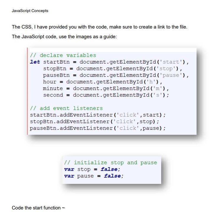Solved JavaScript Concepts Create a "Stopwatch" using | Chegg.com