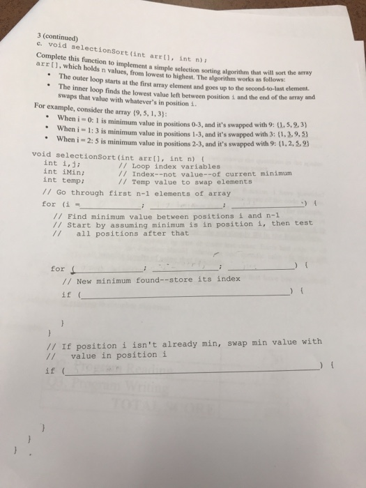 Solved c. void selectionsort (int arr), int n) Complete this | Chegg.com