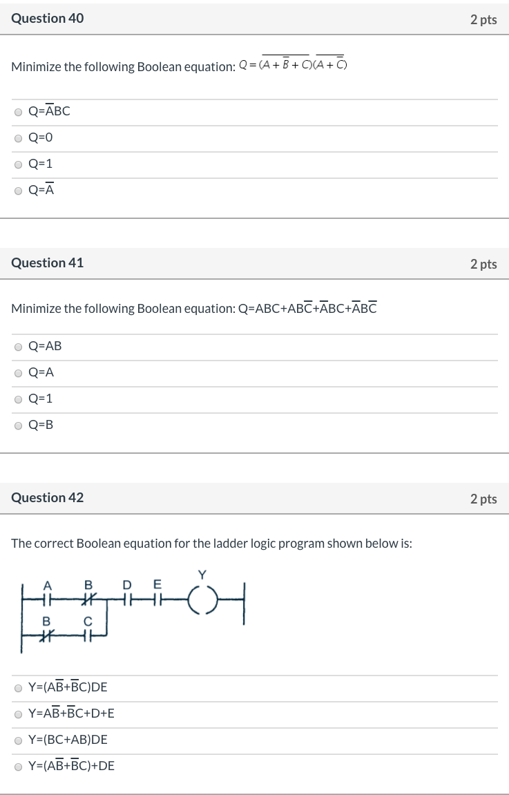 Solved Question 40 2 pts Minimize the following Boolean | Chegg.com