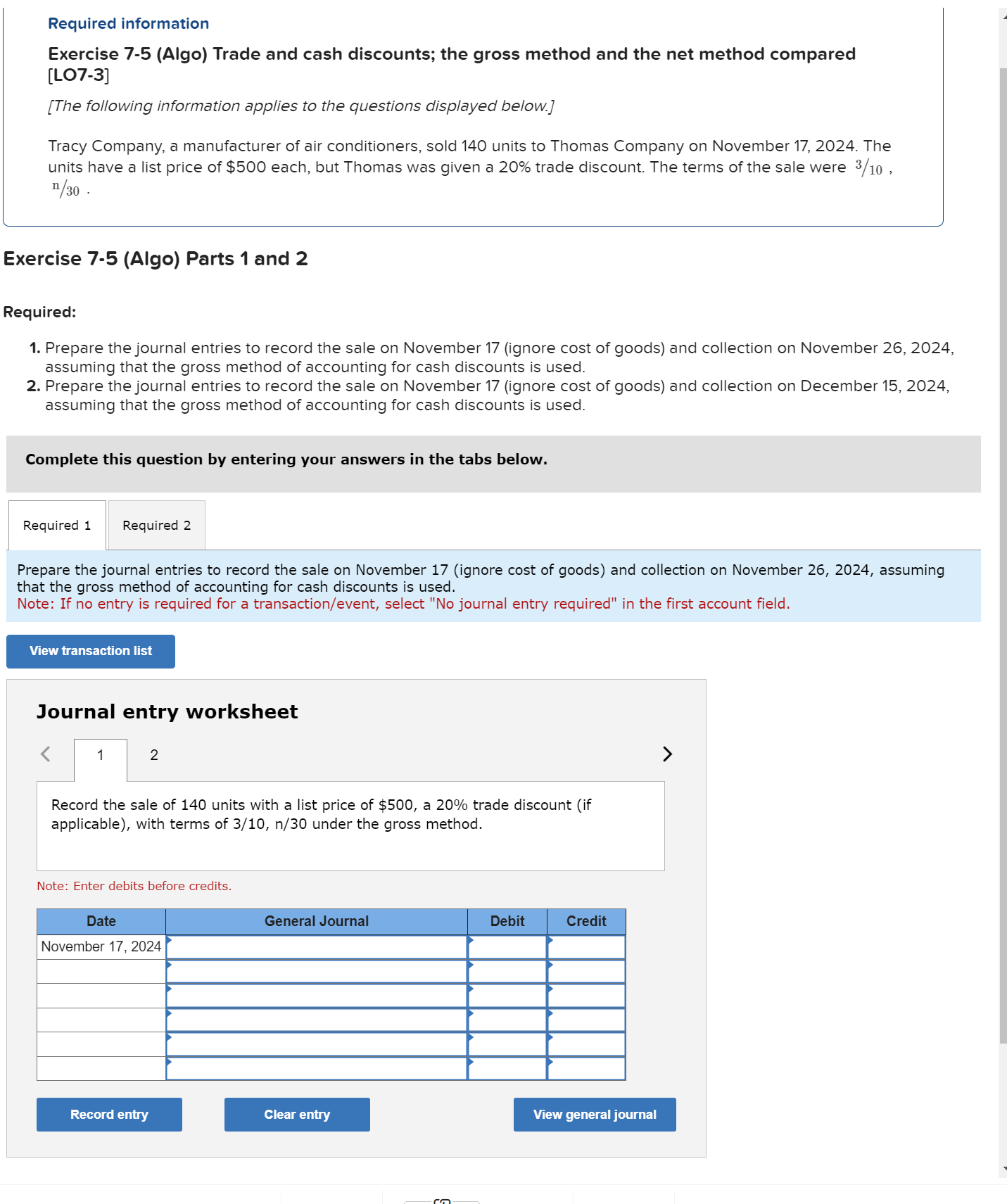 Solved Required information Exercise 7-5 (Algo) Trade and | Chegg.com