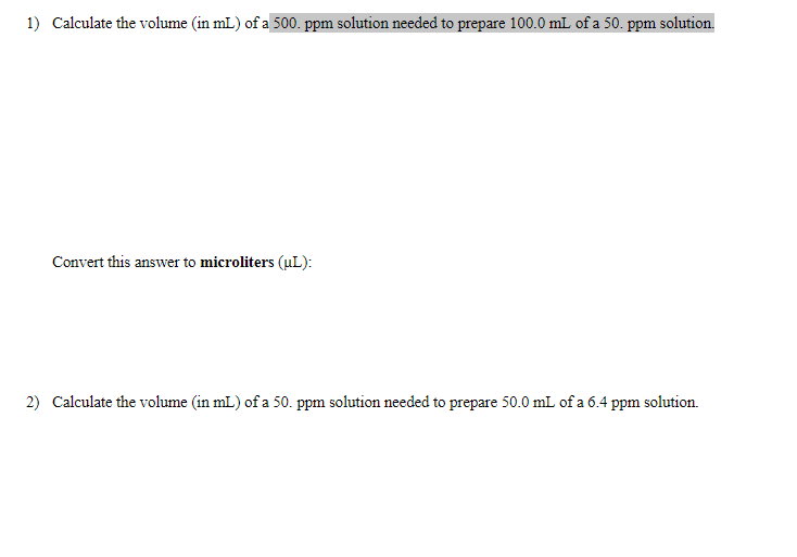 Solved 1) Calculate the volume (in mL) of a 500. ppm | Chegg.com