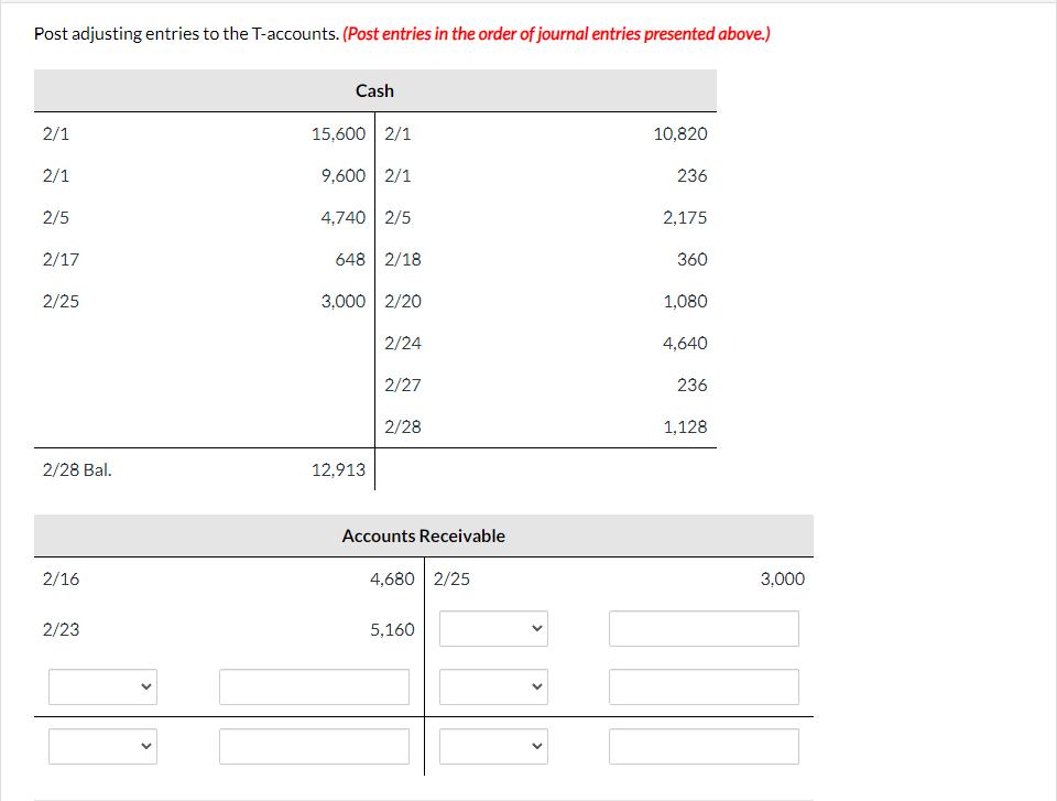 Post adjusting entries to the T-accounts. (Post | Chegg.com