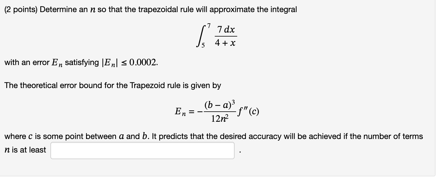 Solved (2 ﻿points) ﻿Determine an n so ﻿that the trapezoidal | Chegg.com