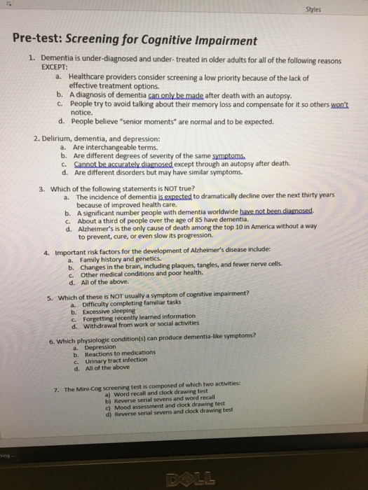 Solved Styles Pre-test: Screening for Cognitive Impairment | Chegg.com