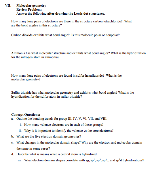Solved VII. Molecular geometry Review Problem: Answer the | Chegg.com