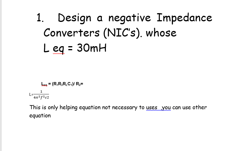 1. Design a negative Impedance Converters (NIC's). | Chegg.com