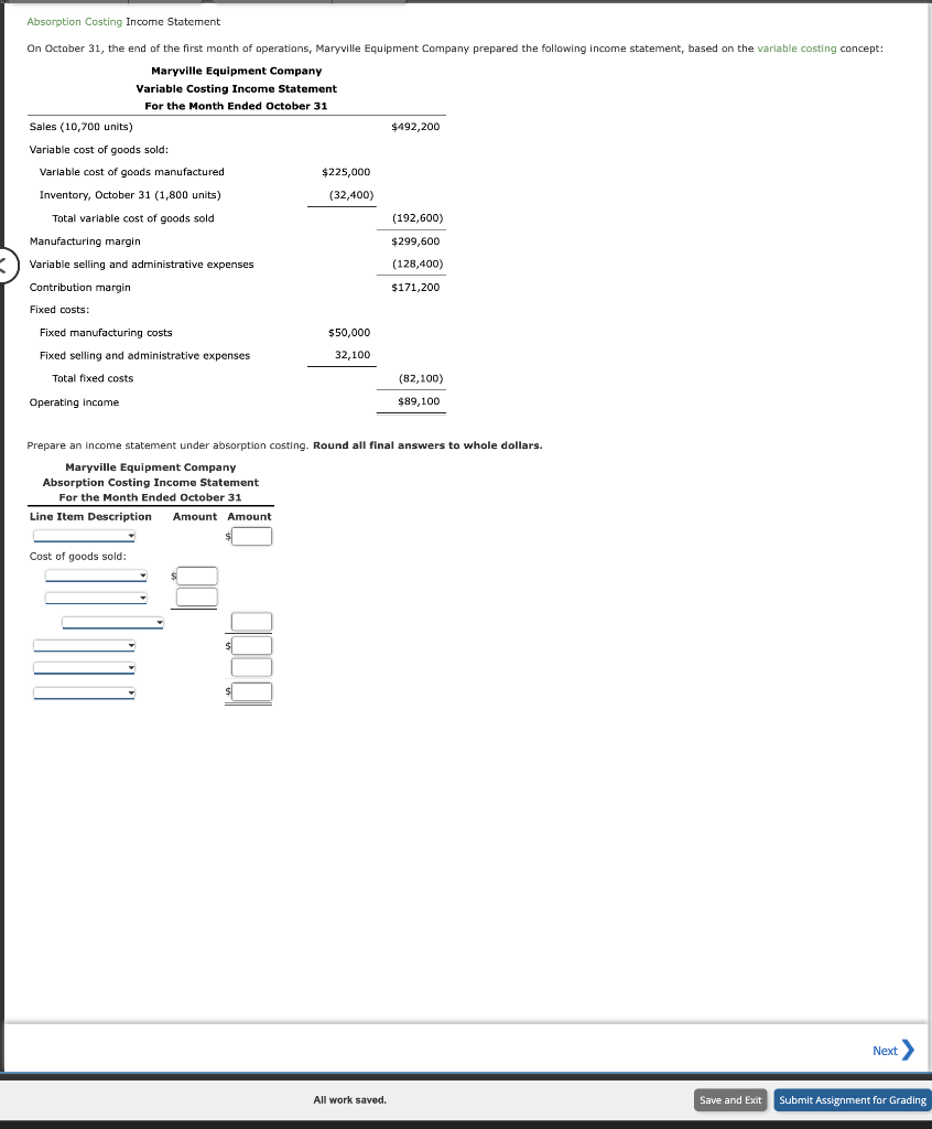 Solved Absorption Costing Income Statement On October 31, | Chegg.com