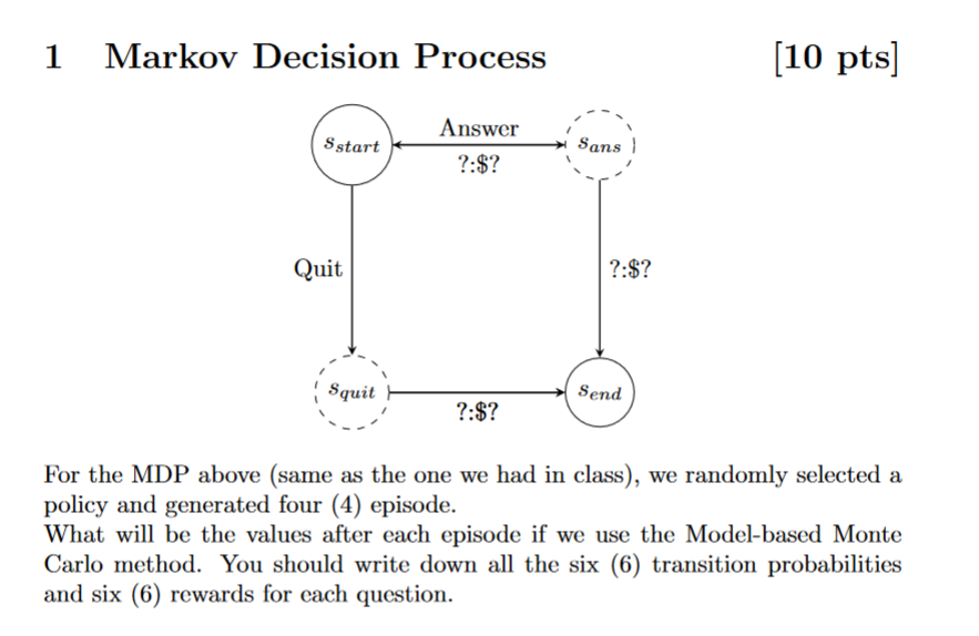 1 Markov Decision Process [10 pts] Sstart Answer ?:$? | Chegg.com