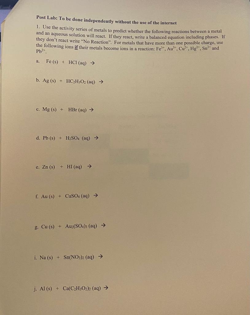 Solved Lab 13 Reactions and Equations: Single Displacement | Chegg.com