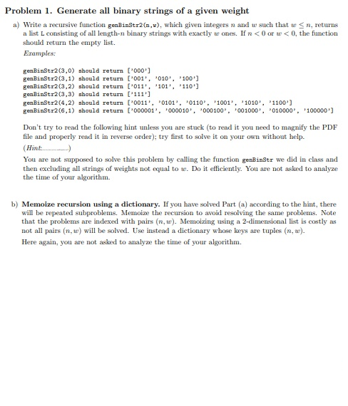 Solved Problem 1. Generate all binary strings of a given | Chegg.com