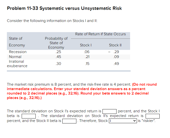 Solved Problem 11-33 Systematic versus Unsystematic Risk | Chegg.com
