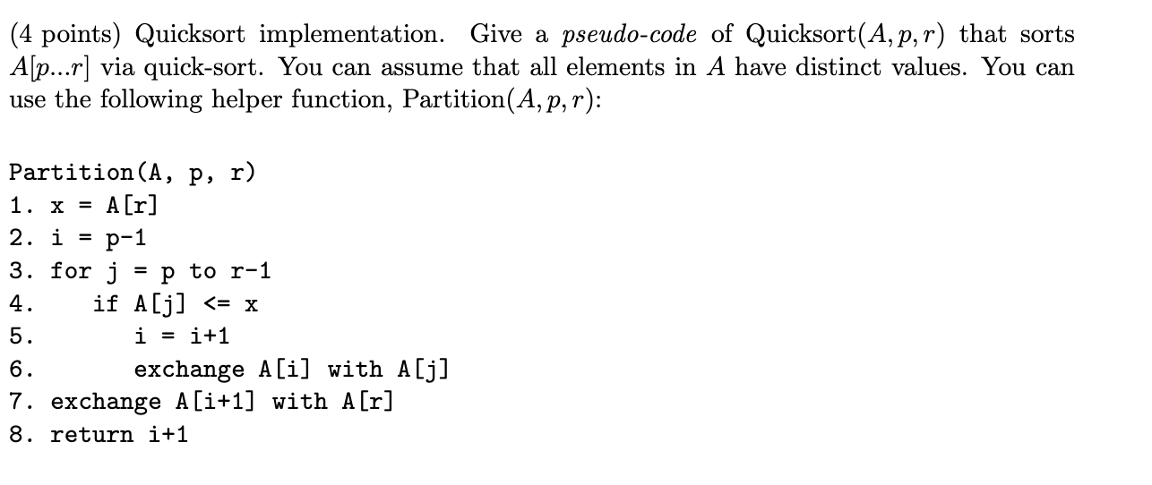 Solved (4 points) Quicksort implementation. Give a | Chegg.com