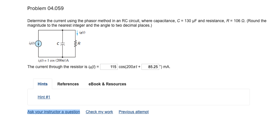 Solved Problem 04.059 Determine the current using the phasor | Chegg.com