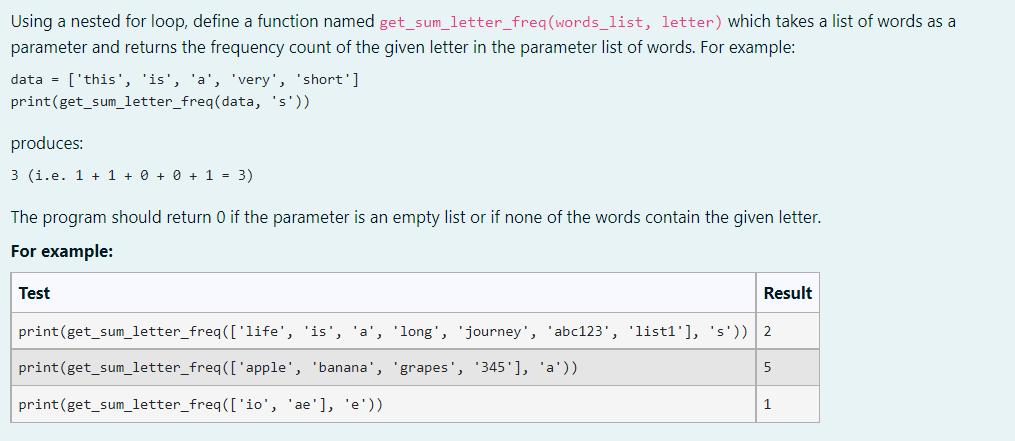 Solved get_sum_letter_freq(words_list, Using a nested for | Chegg.com