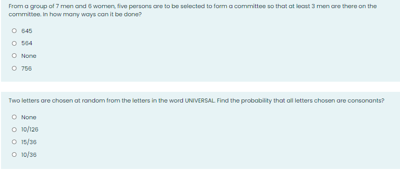 Solved From a group of 7 men and 6 women, five persons are | Chegg.com