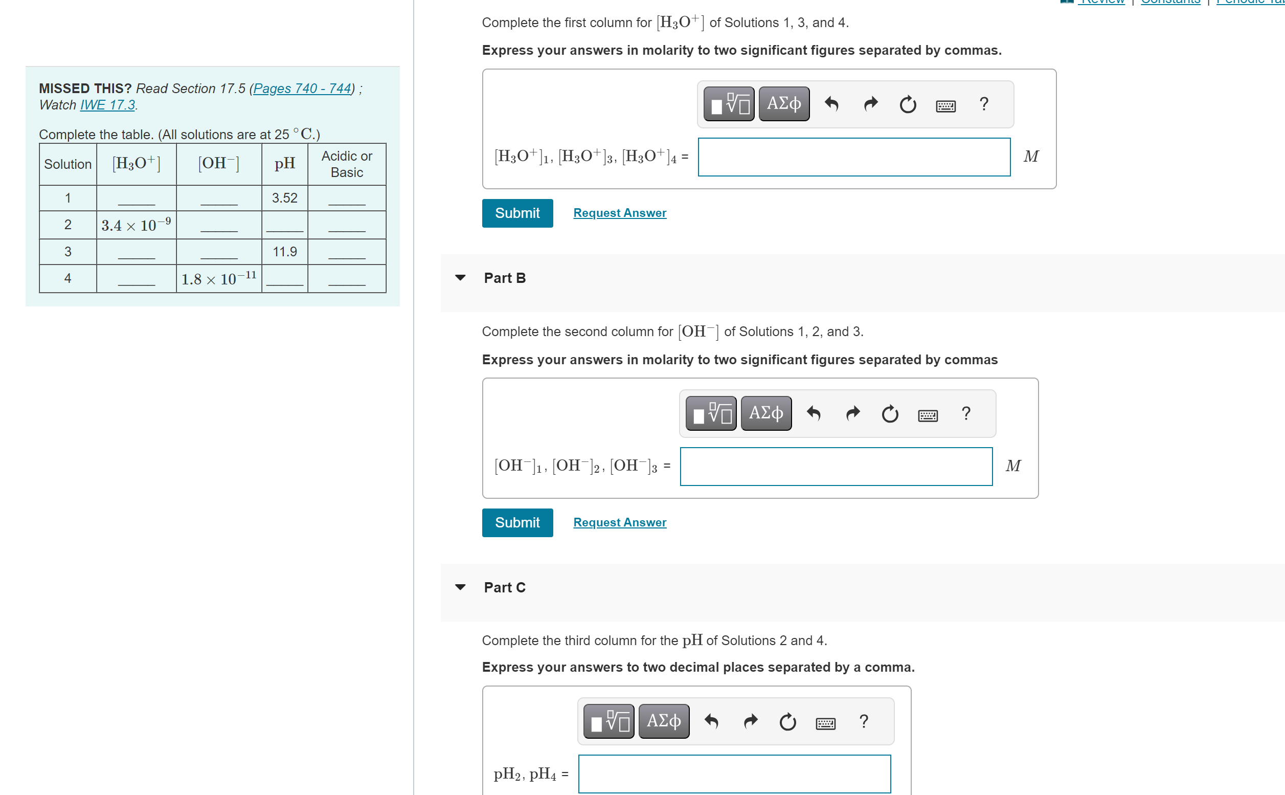 Solved Complete the first column for [H3O+]of Solutions 1,3 | Chegg.com