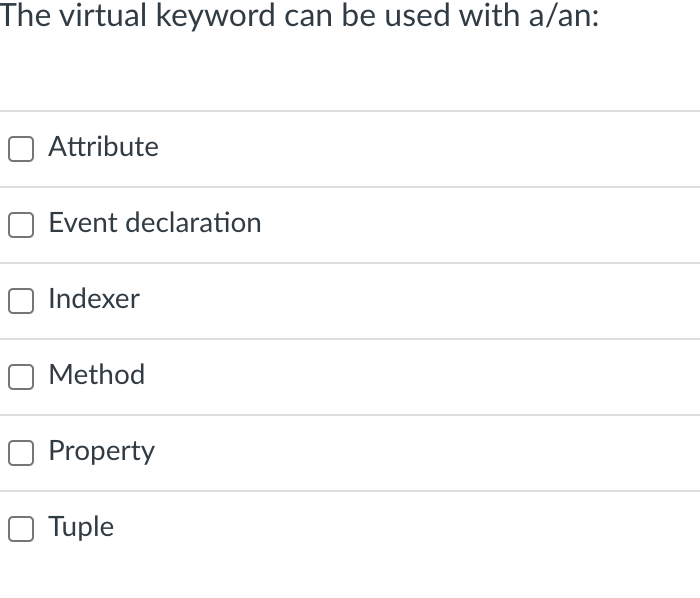 Solved The virtual keyword can be used with a/an: O | Chegg.com