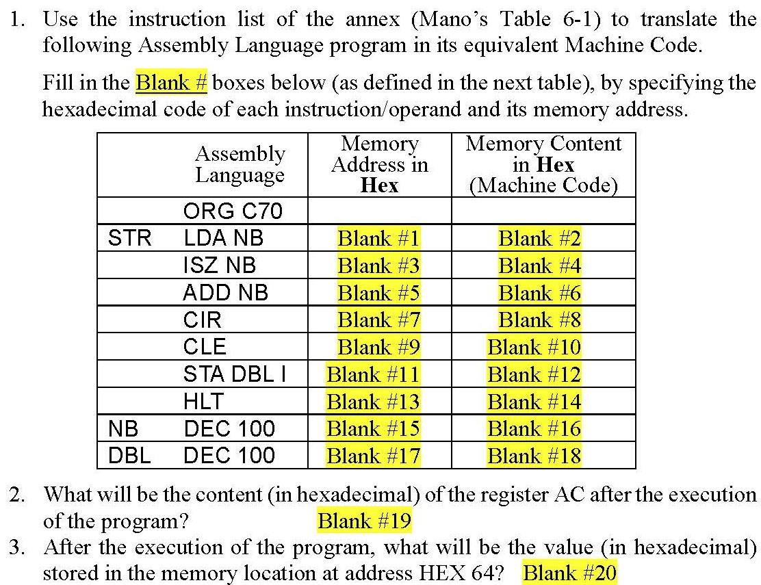1. Use the instruction list of the annex (Mano's | Chegg.com
