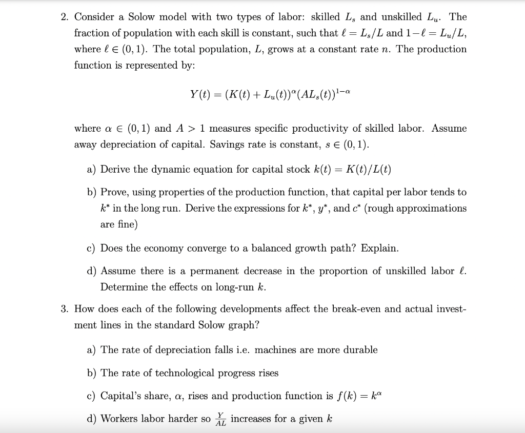 1. Consider the continuous-time Solow model where | Chegg.com