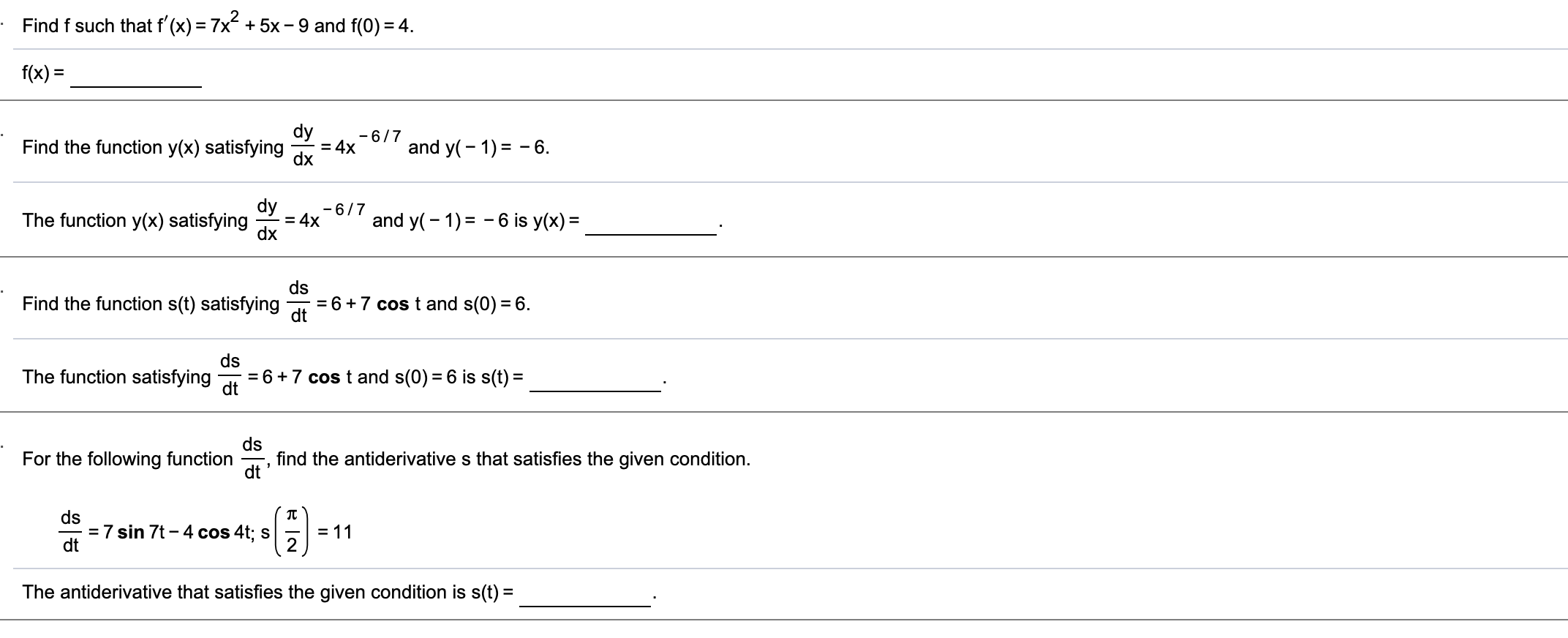 Solved Find f such that f'(x) = 7x2 + 5x – 9 and f(0) = 4. | Chegg.com
