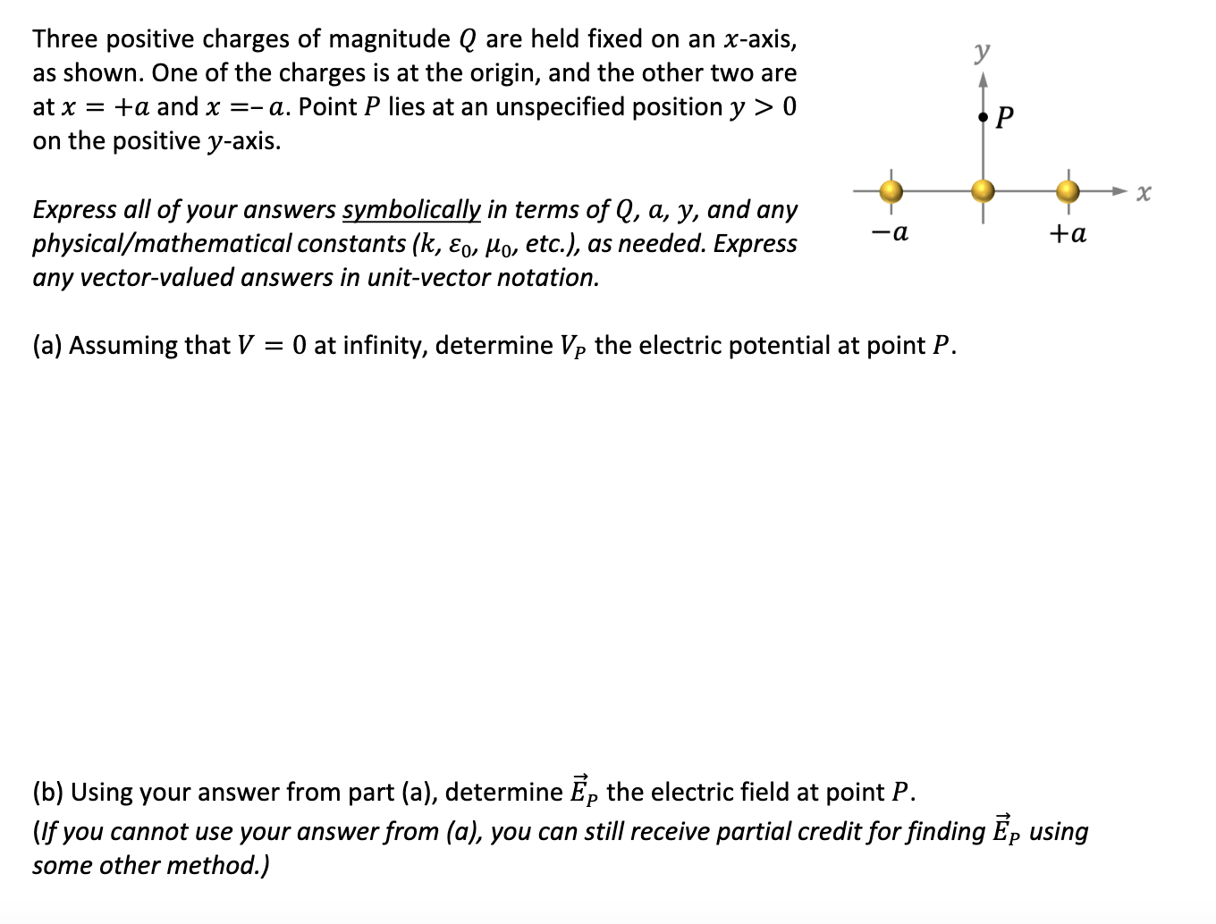 Solved Three positive charges of magnitude \\( Q \\) are | Chegg.com