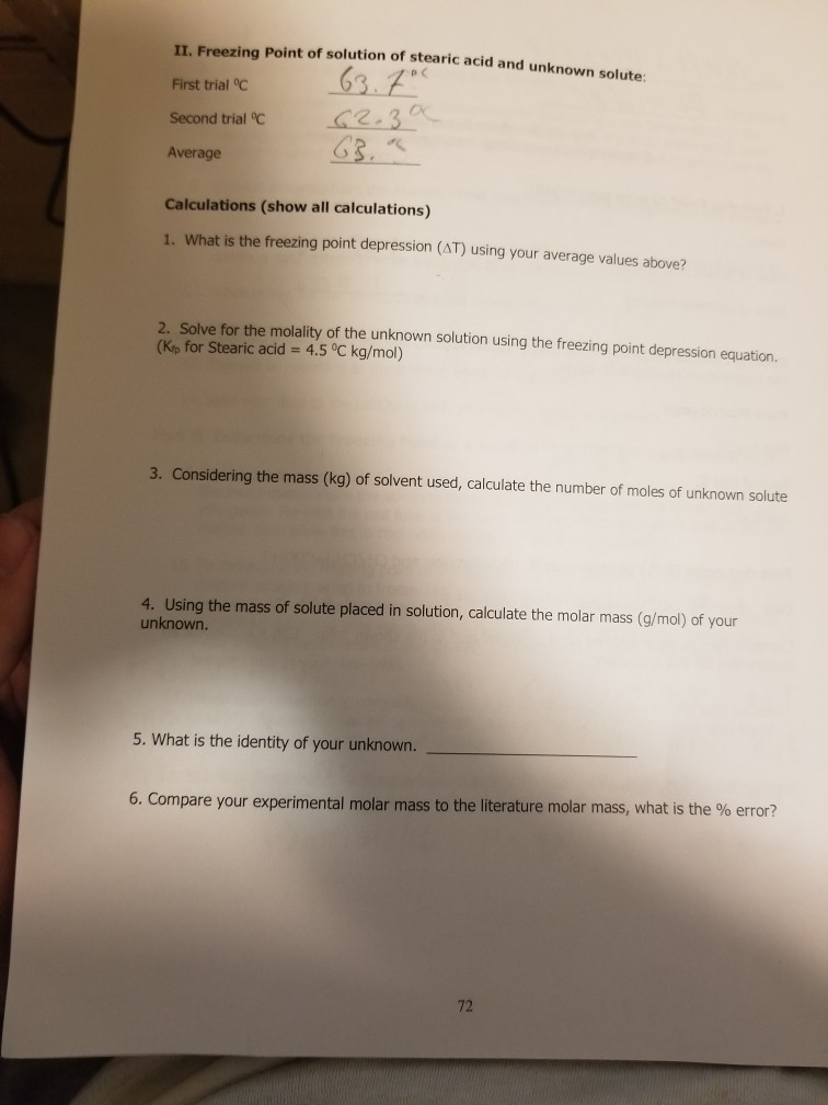 Solved I. Freezing Point of pure stearic acid. Data: Mass of | Chegg.com
