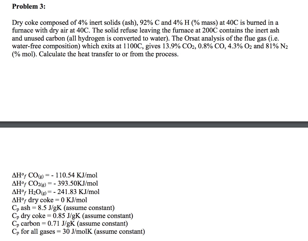 Solved Problem 3: Dry coke composed of 4% inert solids | Chegg.com