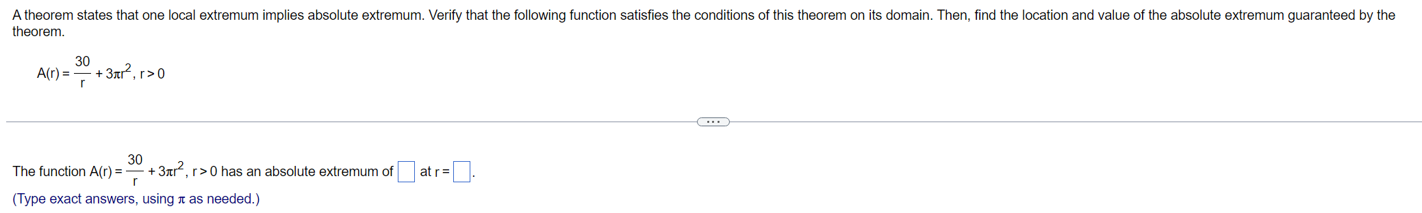 Solved theorem. A(r)=r30+3πr2,r>0 The function | Chegg.com
