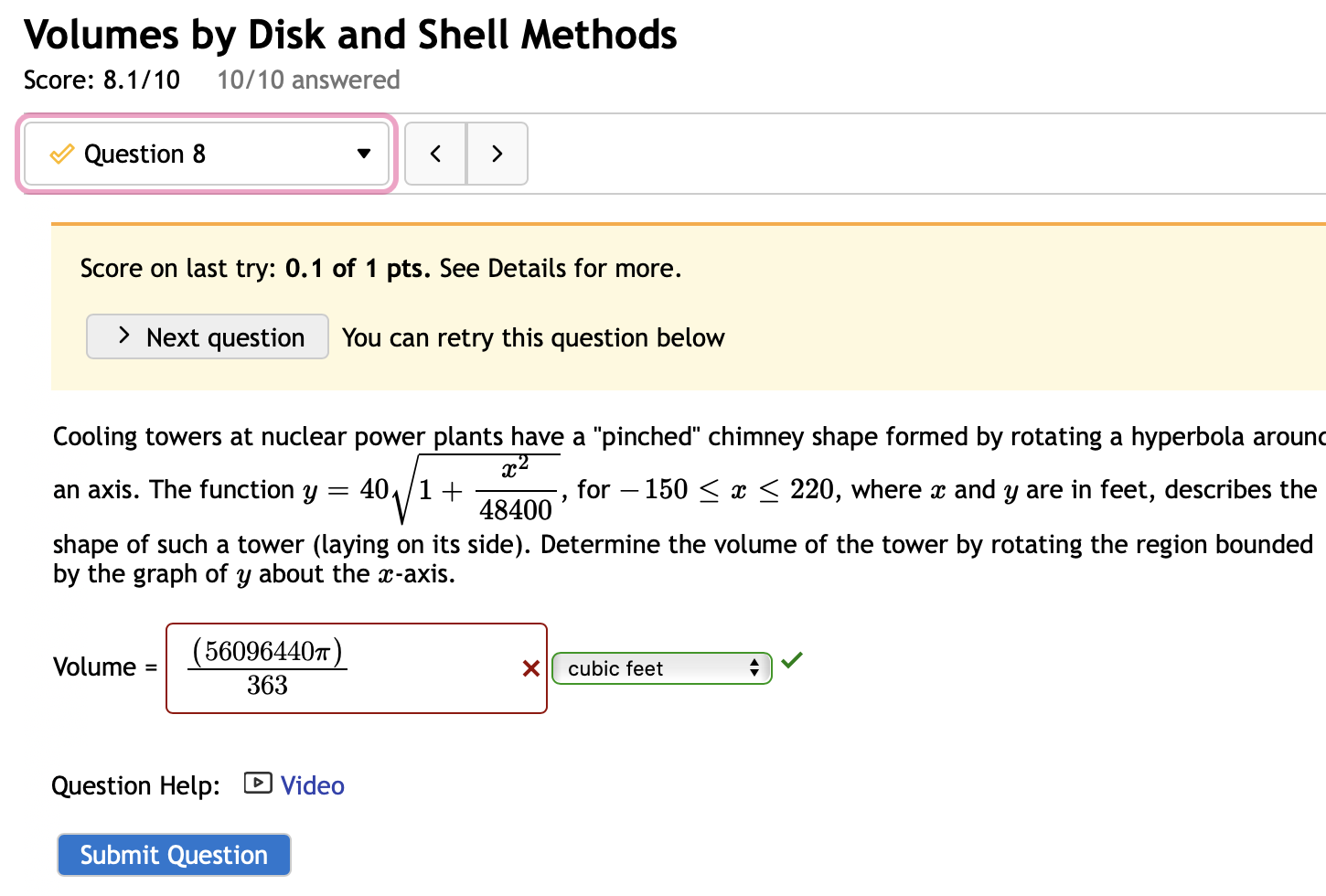Solved Volumes by Disk and Shell Methods Score: 8.1/10 10/10 | Chegg.com