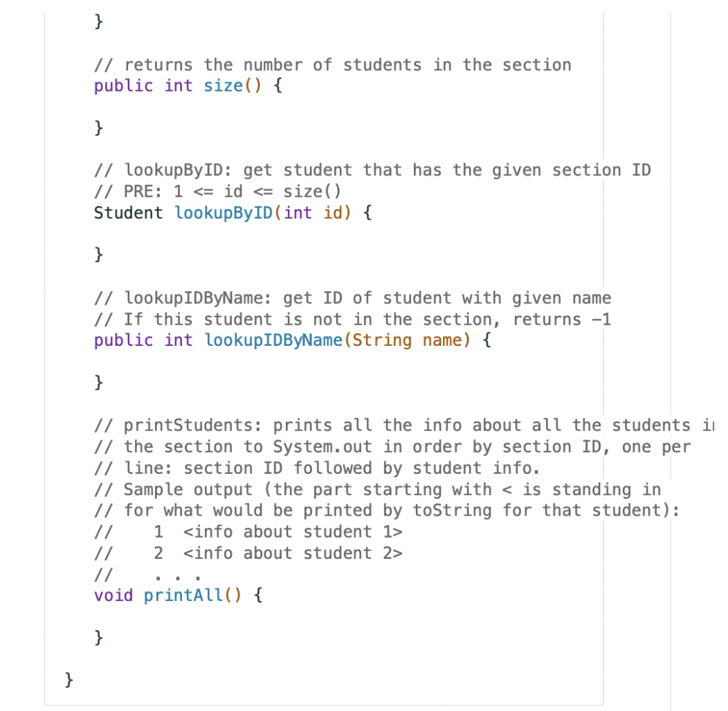 Solved Q8 Implement Section class / big-O 25 Points [Java] | Chegg.com