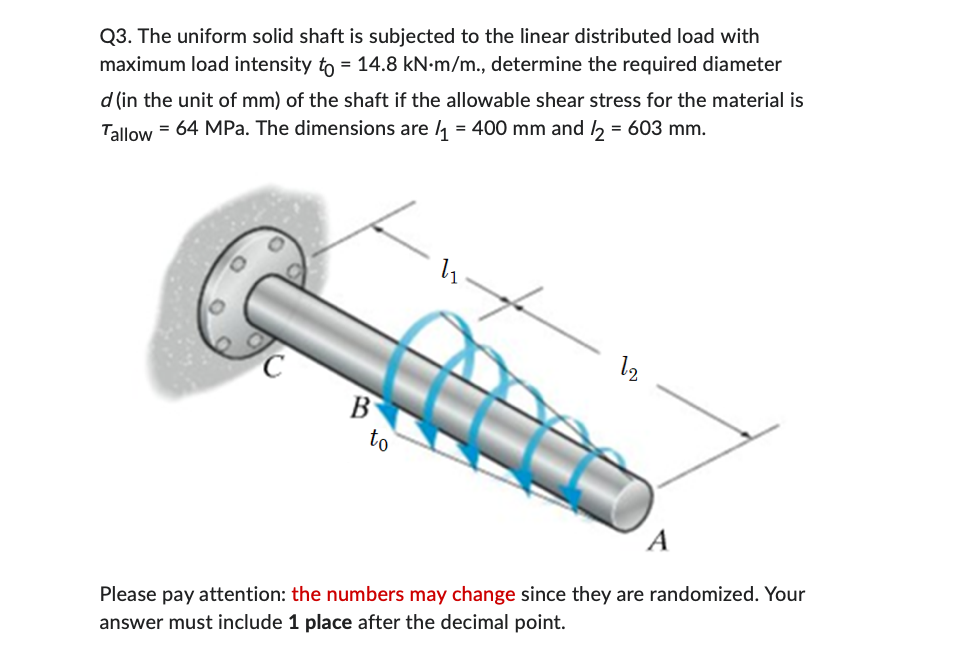 Solved Q3. The uniform solid shaft is subjected to the | Chegg.com