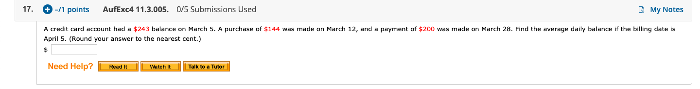 Solved 17. + -/1 points AufExc4 11.3.005.0/5 Submissions | Chegg.com