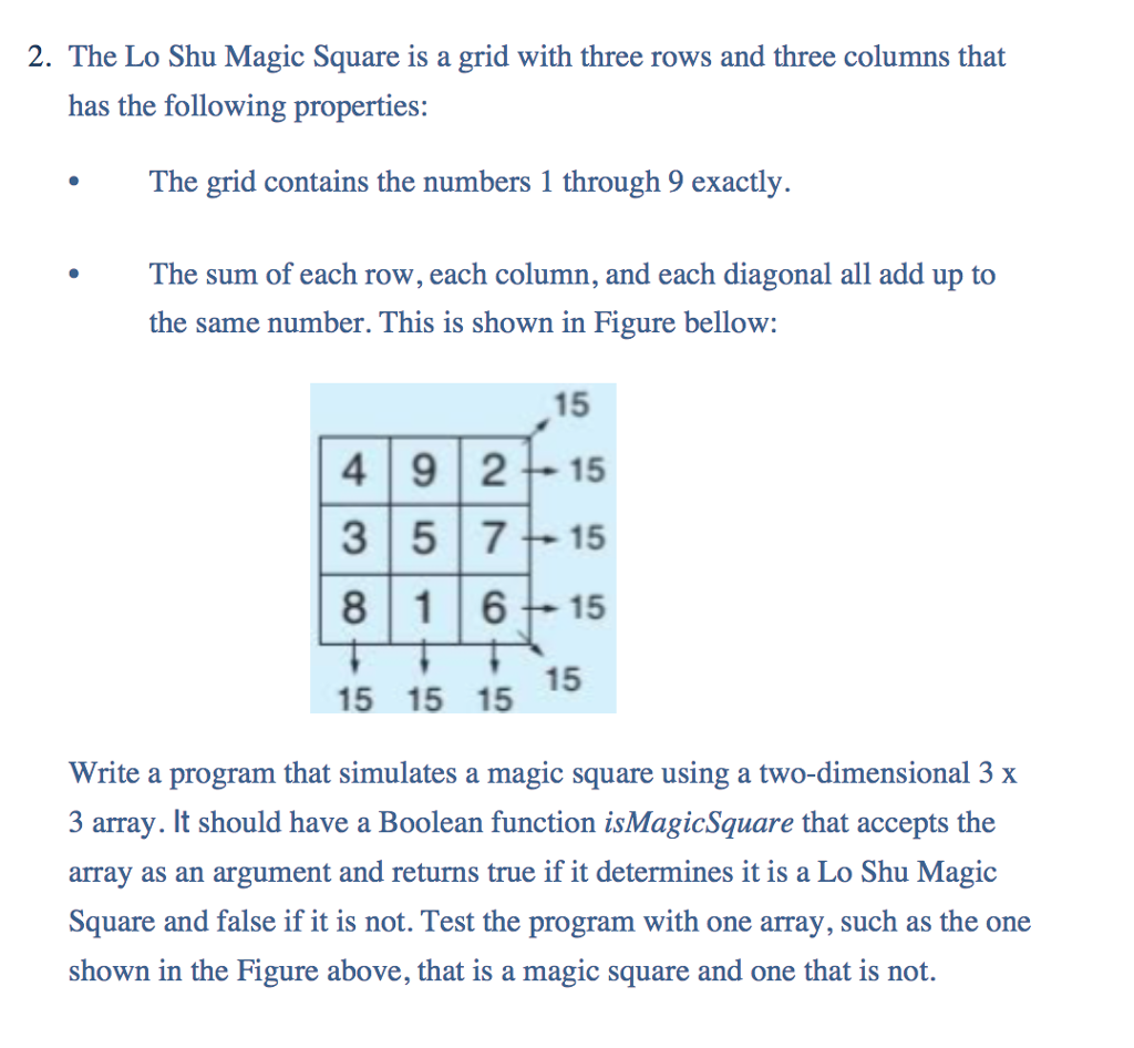 Solved 2. The Lo Shu Magic Square is a grid with three rows | Chegg.com