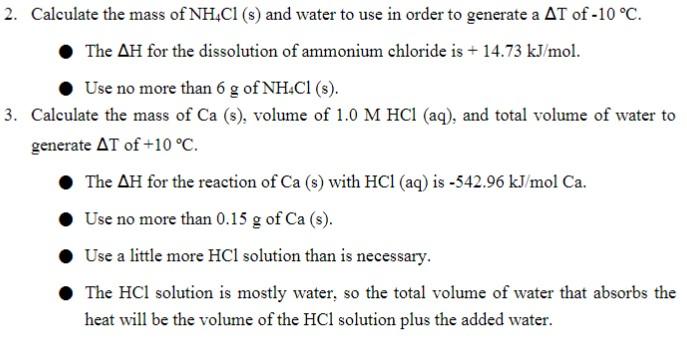Solved 2. Calculate the mass of NH4Cl (s) and water to use | Chegg.com