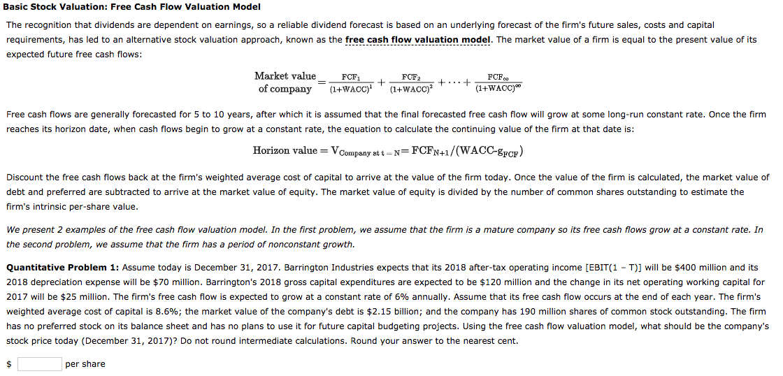 Solved Basic Stock Valuation: Free Cash Flow Valuation Model | Chegg.com
