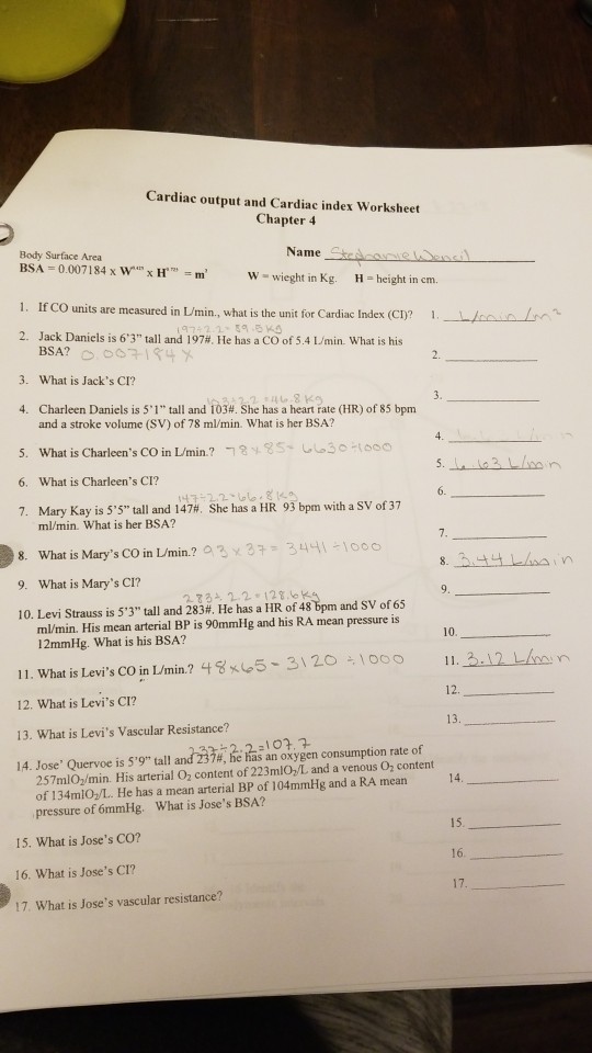 Solved Cardiac output and Cardiac index Worksheet Chapter 4 | Chegg.com
