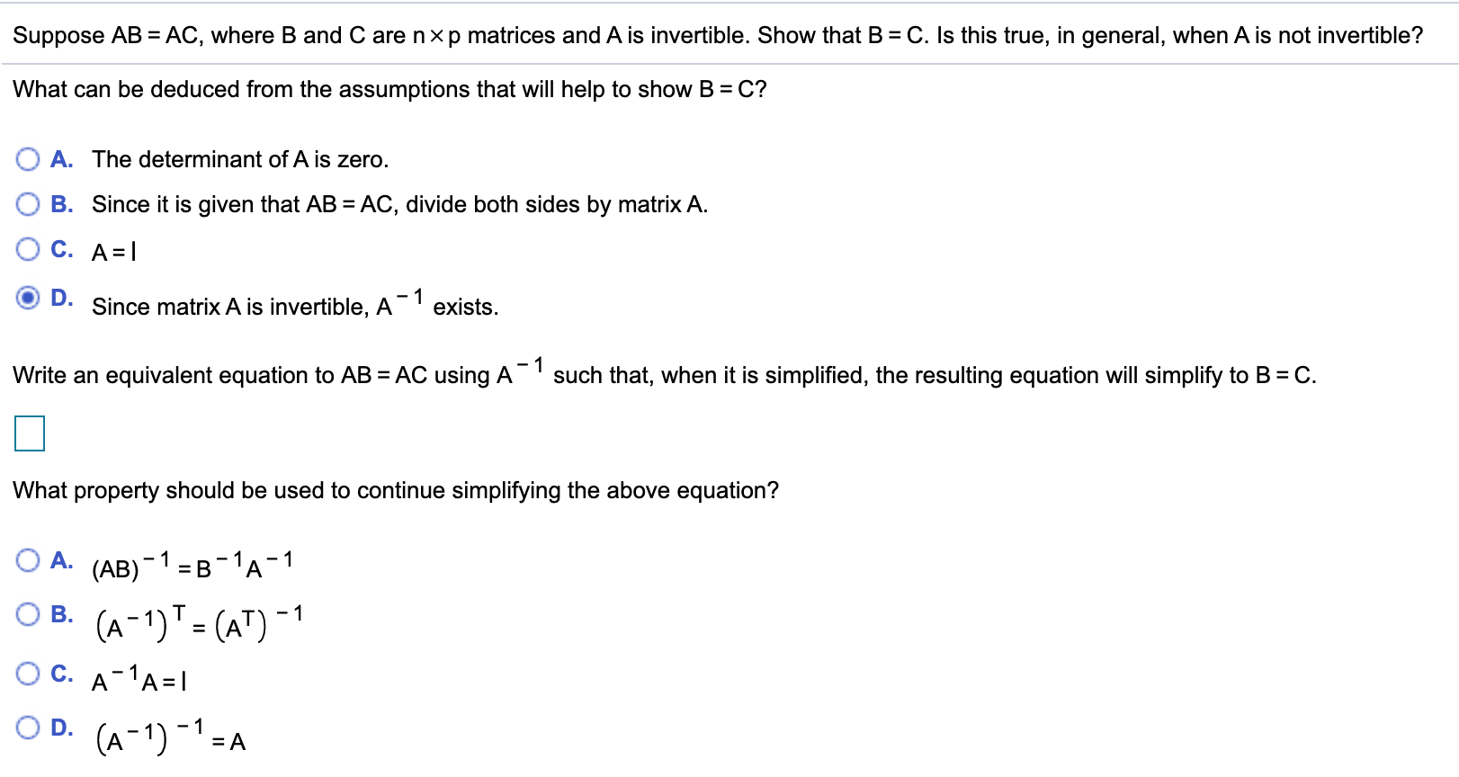 Solved Suppose AB AC Where B And C Are Nxp Matrices And A Chegg Solved Suppose AB AC Where B And C Are Nxp Matrices And A Chegg
