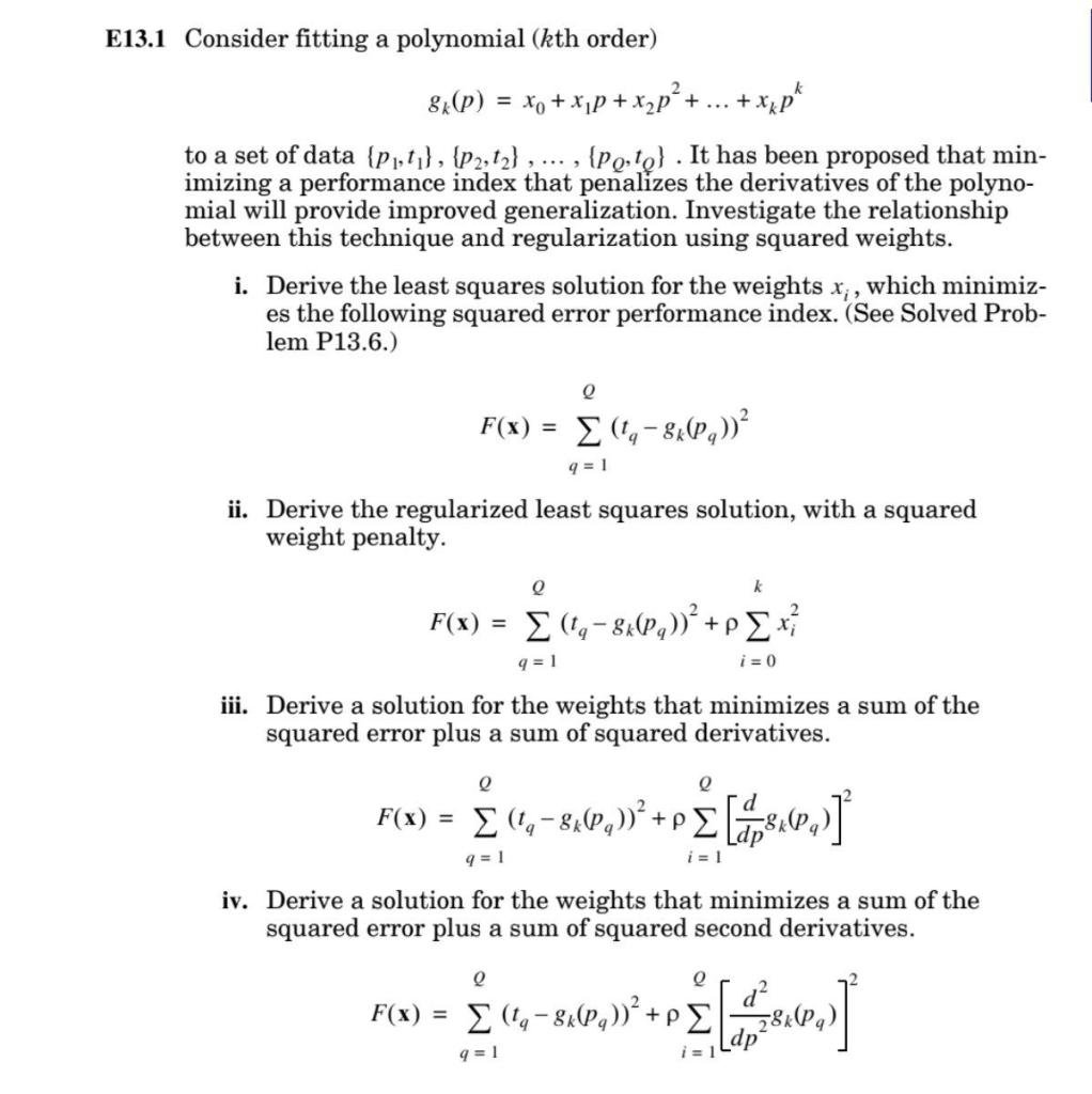 Solved E13.1 Consider fitting a polynomial ( k th order) | Chegg.com