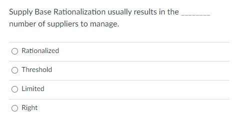 Solved Supply Base Rationalization usually results in the | Chegg.com