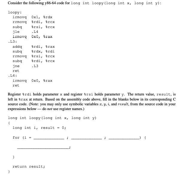 Solved Consider the following y86-64 code for long int loopy | Chegg.com